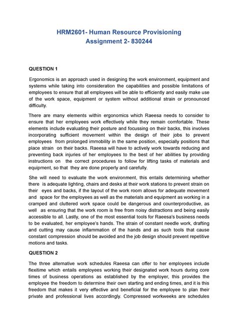 UNISA HRM Assignment HRM Human Resource Provisioning Assignment QUESTION