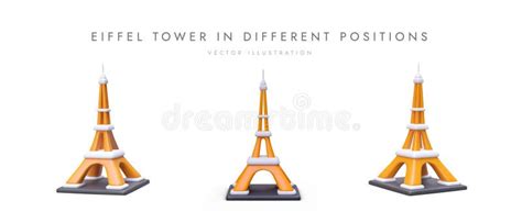 Set Of Cartoon Realistic 3d Eiffel Tower In Different Positions
