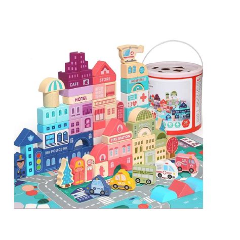 Set Constructie Cuburi Din Lemn Natural 120 Piese „oraselul Din Lemn