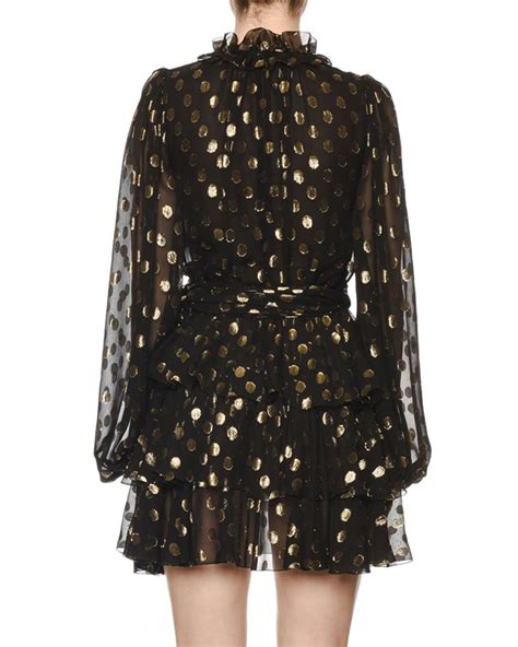 Dolce And Gabbana Long Sleeve Polka Dot Fil Coupe Chiffon Mini Dress