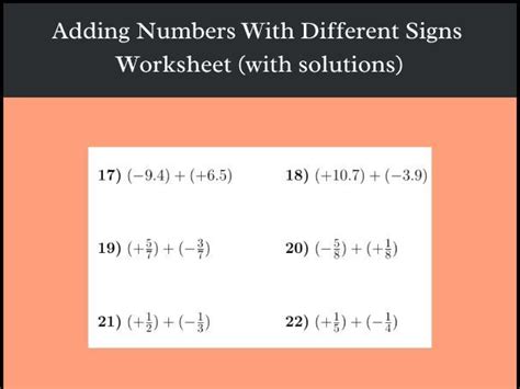 Adding Numbers With Different Signs Worksheet With Solutions Teaching Resources