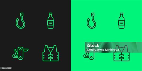 세트 라인 낚시 재킷 스위스 군용 칼 후크 및 보드카 아이콘 한 병 벡터 강철에 대한 스톡 벡터 아트 및 기타 이미지 강철 건강관리와 의술 검은색 Istock