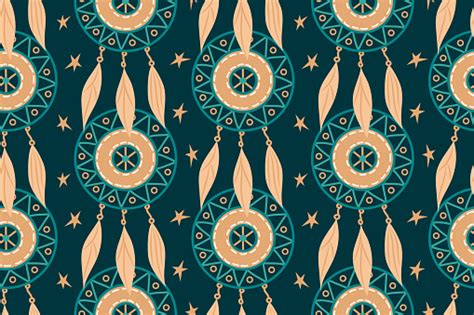 구슬 어두운 배경에 깃털 마법의 꿈 포수와 원활한 패턴 벡터 일러스트레이션 복고풍 패턴 민족 낙서 컬렉션 부족 디자인 카드 직물 옷용 디자인 0명에 대한 스톡 벡터 아트 및