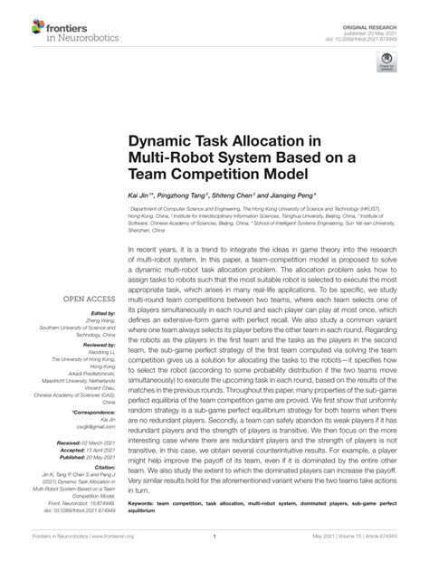 Pdf Dynamic Task Allocation In Multi Robot System Based On A Team