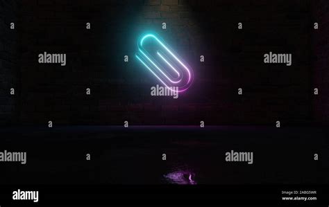 3d Rendering Of Blue Violet Neon Symbol Of Paper Clip As Attachment On Dark Brick Wall