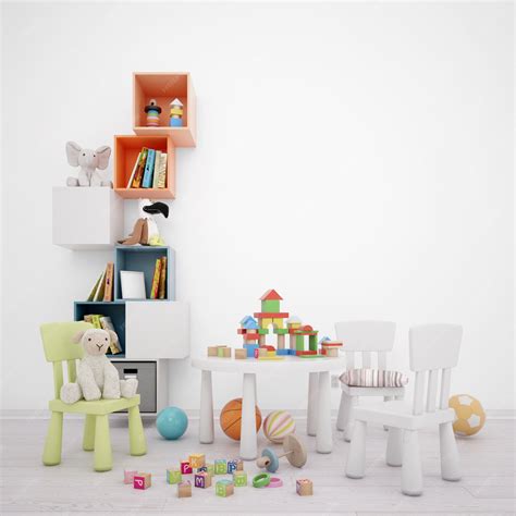 Sala De Juegos Para Niños Con Cajones De Almacenamiento Mesa Y Muchos Juguetes Archivo Psd