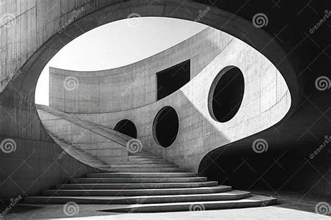 Abstract Concrete Structure With Curved Walls Stairs And Circular Openings Creating A Dynamic