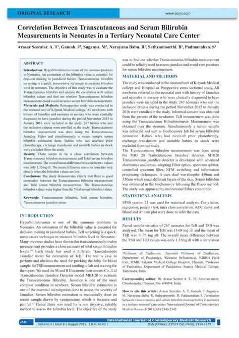 Pdf Correlation Between Transcutaneous And Serum Bilirubin Measurements In Neonates In A