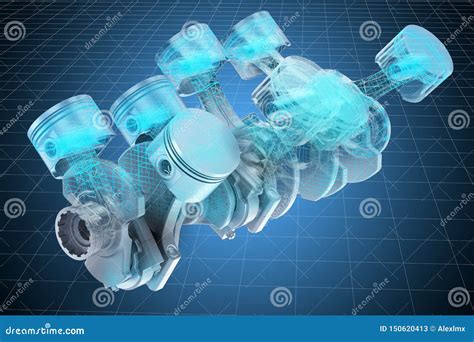 Visualization 3d Cad Model Of V8 Engine Pistons Blueprint 3d Rendering Stock Illustration