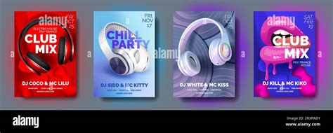 Set Of Club Posters With Headphones Dance Party Fluid Design Flyer