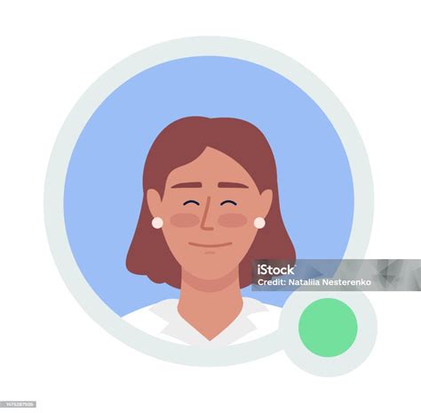 귀걸이를 가진 기쁜 여자 평면 벡터 아바타 아이콘 녹색 점 Brand Name Online Messaging Platform에 대한 스톡 벡터 아트 및 기타 이미지