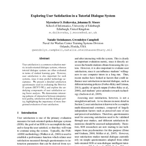 Exploring User Satisfaction In A Tutorial Dialogue System Acl Anthology