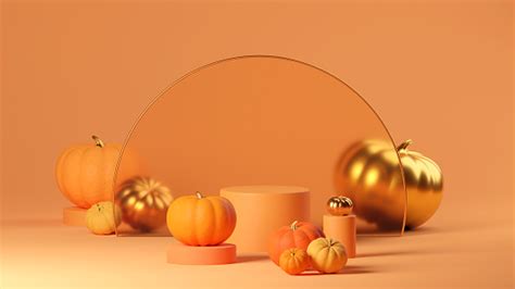 오렌지 배경에 제품 연단과 3d 레이아웃 할로윈 장면 호박 무대 와 디스플레이 연단 배너 할로윈 또는 추수 감사절에 대한 광고 모형을위한 가을 3d 디자인 템플릿 3차원