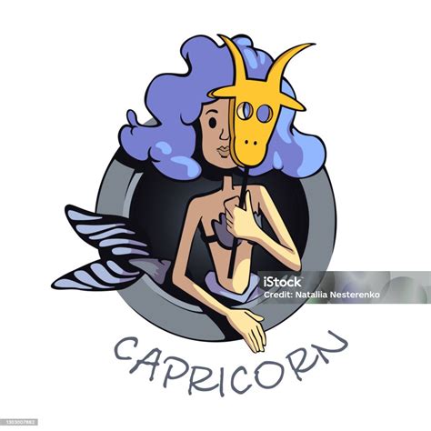 염소 자리 조디악 기호 여자 플랫 만화 벡터 일러스트 염소 마스크를 들고 물고기 꼬리와 신화 생물 상업용 인쇄 설계에 2d 문자를 사용할 준비가 되었습니다 격리된 개념