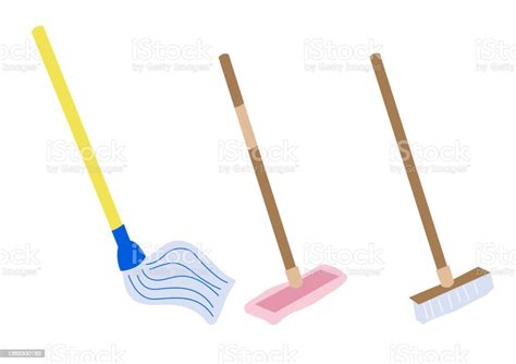 흰색 배경에 격리 된 만화 스타일의 표면을 청소하기위한 걸레와 브러시로 설정된 벡터 청소 도구 청소 회사에 대한 그림 가사 집안일에 대한 스톡 벡터 아트 및 기타 이미지