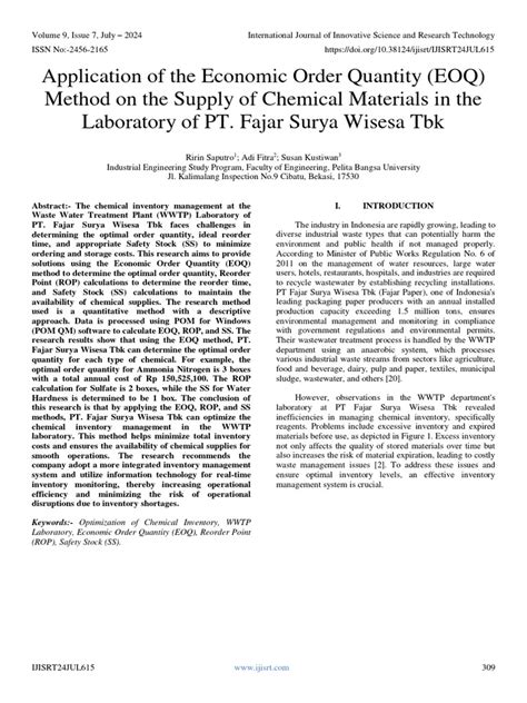 Application Of The Economic Order Quantity Eoq Method On The Supply