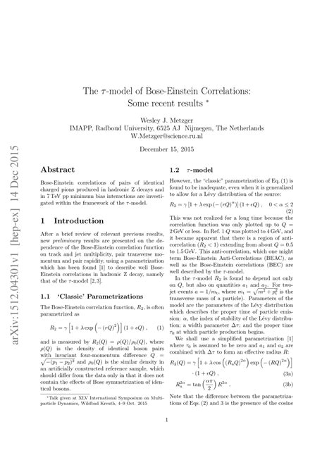 Pdf The τ Model Of Bose Einstein Correlations Some Recent Results