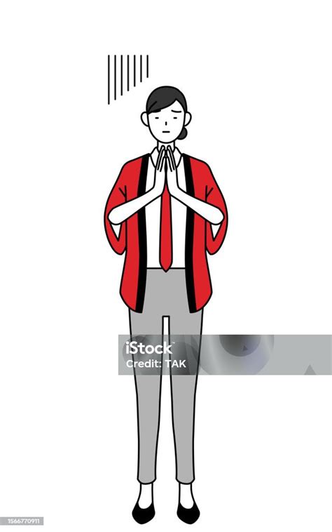 빨간 해피 코트를 입은 여자가 몸 앞에서 손으로 사과한다 고용과 노동에 대한 스톡 벡터 아트 및 기타 이미지 고용과 노동 과로 관사 Istock