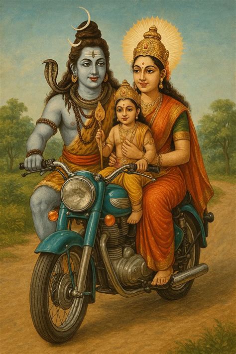 Sivan Parvathy Riding In Bike With Murugan Cute Drawings Ghibli Art