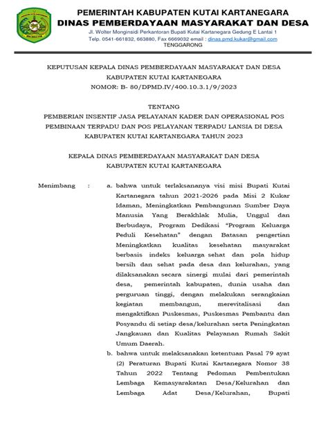 Sk Kadis Dpmd Tentang Juknis Bkkd Insentif Kader Dan Operasional Posbindu Dan Posyandu Lansia Di