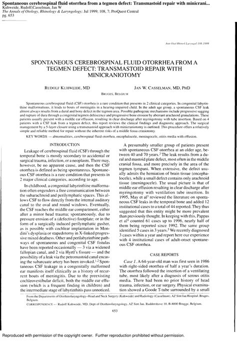 Pdf Spontaneous Cerebrospinal Fluid Otorrhea From A Tegmen Defect