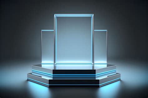 메탈릭 크롬 블루 연단 반사 네온 유리 기하학적 모양 미래주의 파스텔 색상 미용 제품을 위한 쇼케이스 3d 렌더링 0명에 대한