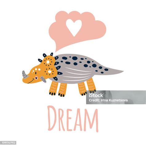 벡터 일러스트입니다 보육 공룡 트리케라톱스와 귀여운 인쇄입니다 핀 옐로우 그레이입니다 꿈입니다 어린이 티셔츠 포스터 배너 인사말 카드입니다 2월에 대한 스톡 벡터 아트 및