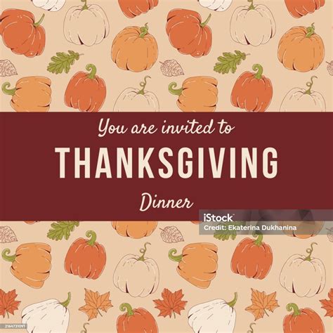 카드 추수감사절 저녁 식사에 초대되었습니다 호박과 가을 단풍을 곁들인 휴일 초대장 완벽 한 패턴과 벡터 그림 감사에 대한 스톡 벡터 아트 및 기타 이미지 Istock