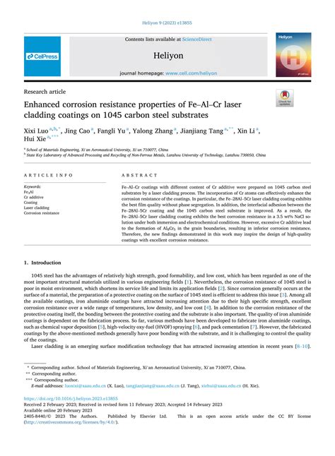 Pdf Enhanced Corrosion Resistance Properties Of Fe Al Cr Laser Cladding Coatings On 1045