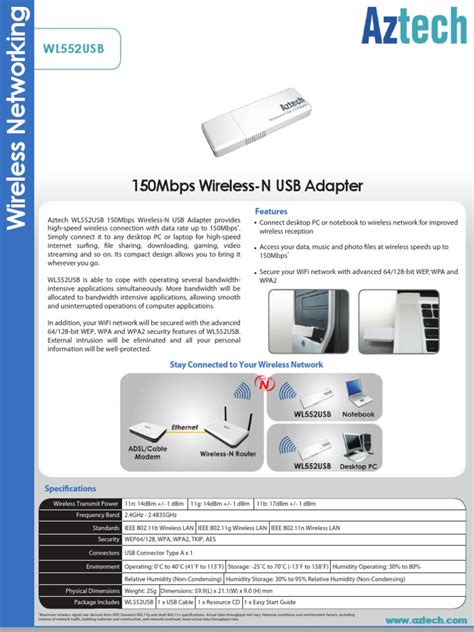 Aztech Wl552usb Oem Datasheet Pdf Wireless Lan Wi Fi