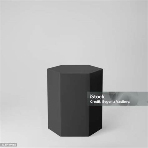 회색 배경에 고립 된 관점과 블랙 3d 육각 연단 육각형 모양 기둥 빈 박물관 무대 또는 받침대에서 제품 연단 모형 3d 기본 기하학적 모양 벡터 일러스트레이션 기둥 건축적