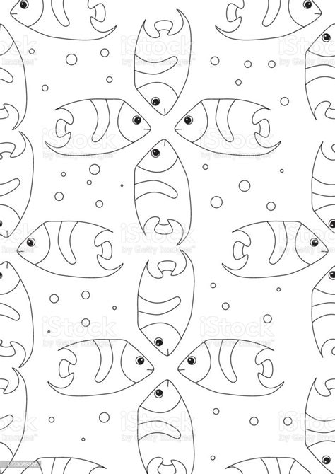 성인을위한 귀여운 물고기와 원활한 패턴 이나 색칠 페이지 항 스트레스 치료로 A4 형식으로 바다 또는 바다에서 열대 어류의 개요