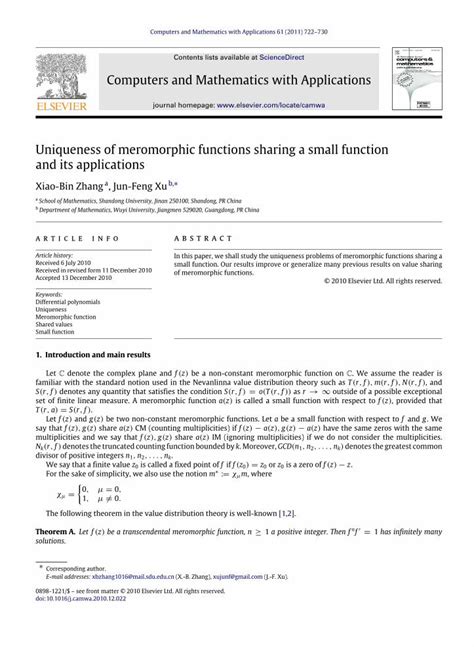 Pdf Uniqueness Of Meromorphic Functions Sharing A Small Function And Its Applications
