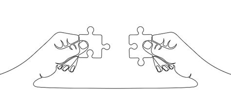 두 손으로 직소 퍼즐 조각을 잡고 하나의 연속 선으로 그려 넣습니다 한 줄의 팀워크 또는 직소 퍼즐 요소가 있는 협업 개념 벡터 Junts Pel Sí에 대한 스톡 벡터