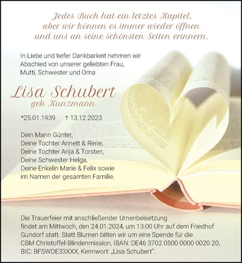 Traueranzeigen Von Lisa Schubert Trauer Anzeigende