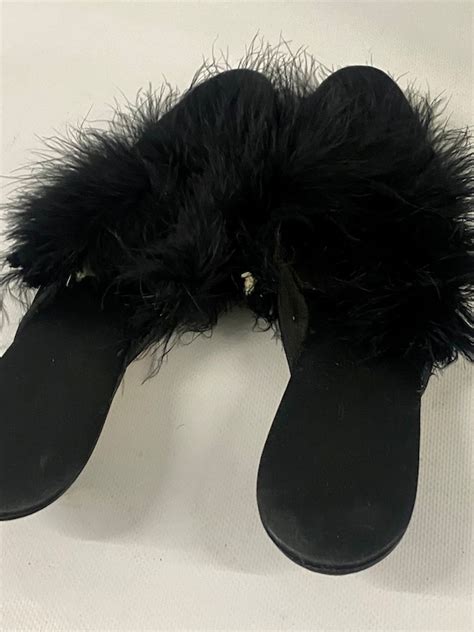 Vintage 1960s Fluffy Black Boudoir Slippers Size 8 B Gem
