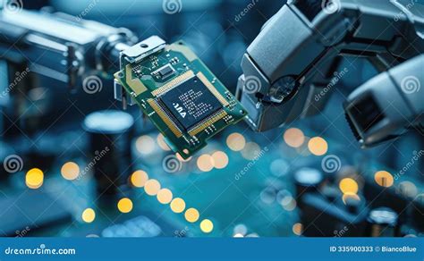 Robotic Arm Handling Microchip On Circuit Board Futuristic Technology Aig49 Stock Image