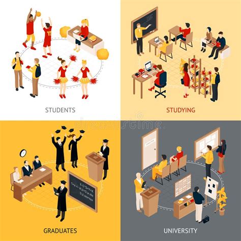 College And University Isometric 2x2 Icons Set Stock Vector