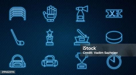 세트 라인 스톱워치 하키 퍽 에어 혼 어워드 컵 아이스하키 스틱 골 챔피언 및 글러브 아이콘 벡터 겨울에 대한 스톡 벡터 아트 및 기타 이미지 Istock