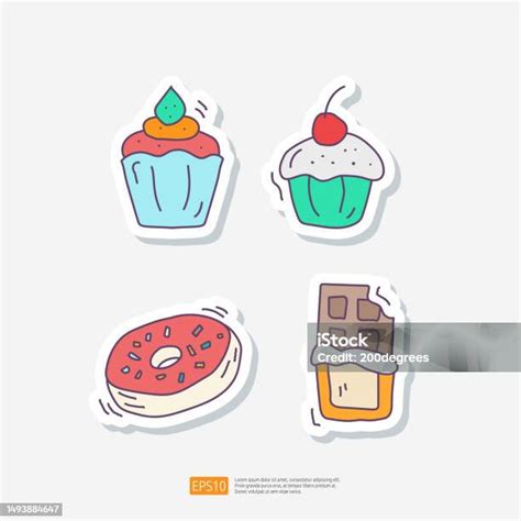 컵케이크 도넛 또는 도넛 케이크 블랙 초콜릿 바 낙서 스티커 아이콘 세트 카페 개념 벡터 일러스트레이션 개체 그룹에 대한 스톡 벡터 아트 및 기타 이미지 Istock