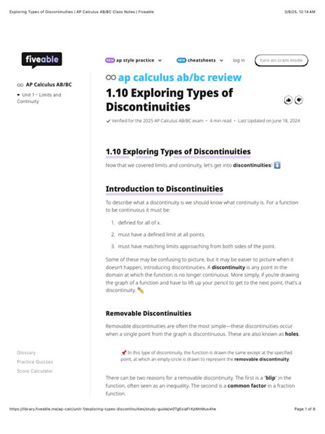 1 10 Exploring Types Of Discontinuities Ap Calculus Ab Bc Class Notes Fiveable Pdf