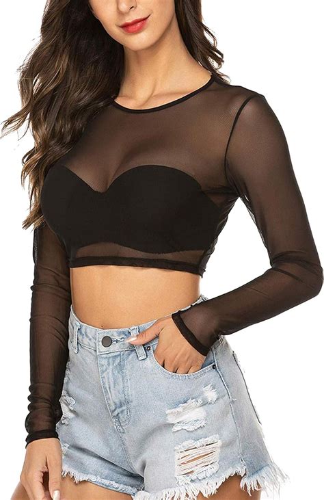 Avidlove Women Mesh Crop Top Long Sleeve See Through Shirt