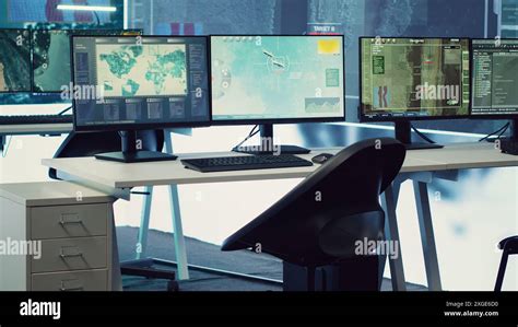 Empty Military Drone Control Center Employing Surveillance Radar Footage To Follow Satellite And