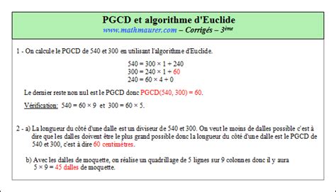 Exercices corrigés sur le pgcd et l algorithme d Euclide en troisième