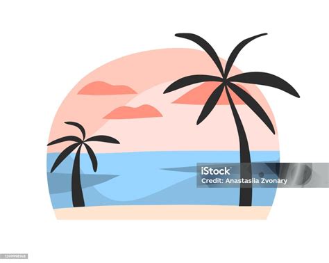 손으로 그린 벡터 추상 스톡 플랫 그래픽 일러스트와 일몰 해변 장면과 흰색 배경에 고립 된 야자수 0명에 대한 스톡 벡터 아트 및 기타 이미지 Istock