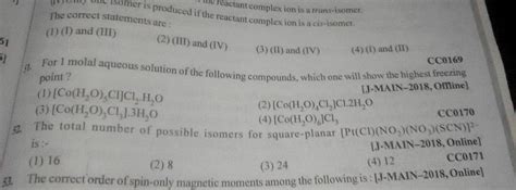 The Total Number Of Possible Isomers For Square Planar [pt Cl No2 No3