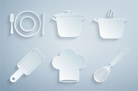 셰프 모자 요리 냄비 강판 주방 거품기 접시 포크 와 칼 아이콘을 설정합니다 벡터 3차원 형태에 대한 스톡 벡터 아트 및 기타
