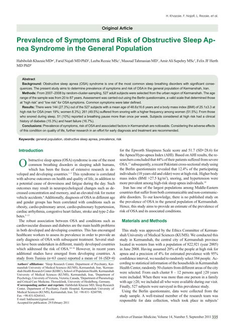 Pdf Prevalence Of Symptoms And Risk Of Obstructive Sleep Apnea Syndrome In The General Population