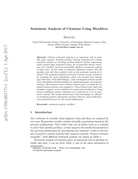 Pdf Sentiment Analysis Of Citations Using Word2vec
