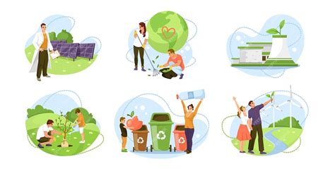백색 바탕에 생태 친화적 인 활동과 녹색 에너지를 보여주는 터 일러스트레이션 세트 환경 보존 개념 프리미엄 벡터